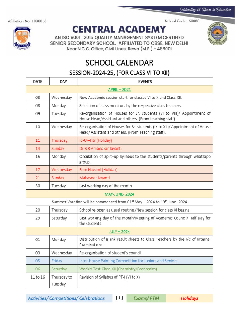 2024-25 School Calendar for Classes VI-XII | PDF | Holidays | Observances