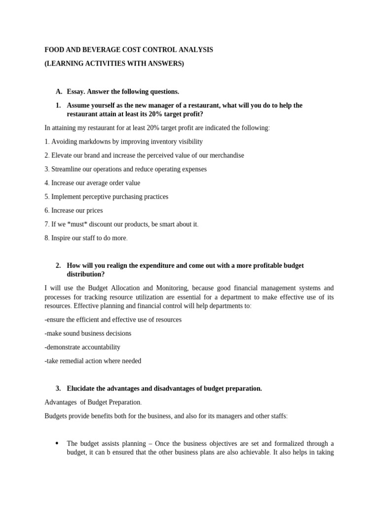 FOOD AND BEVERAGE COST CONTROL ANALYSIS -Chrsitopher Orpiano Jr | PDF ...