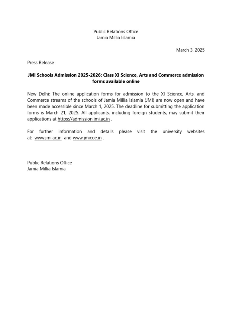 JMI Class XI Admission Forms Open 2025 | PDF