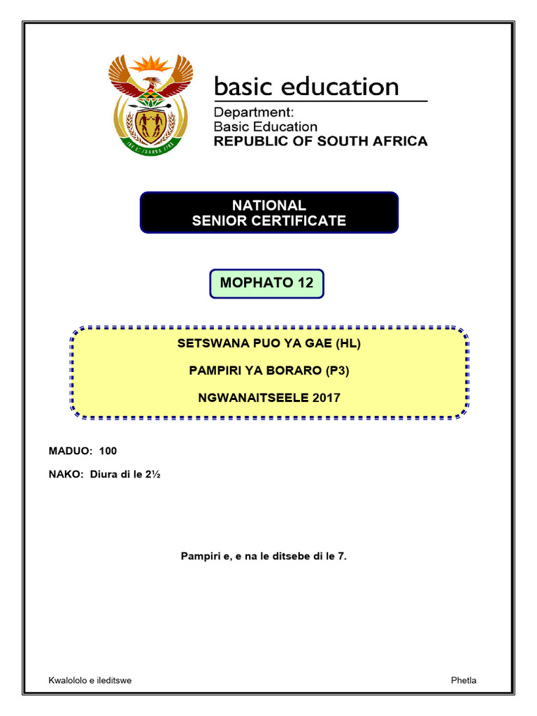 Setswana Home Language Question Paper 3 | PDF