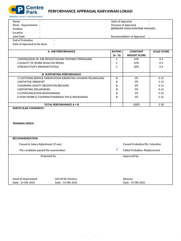 Probation Performance Appraisal Form | PDF