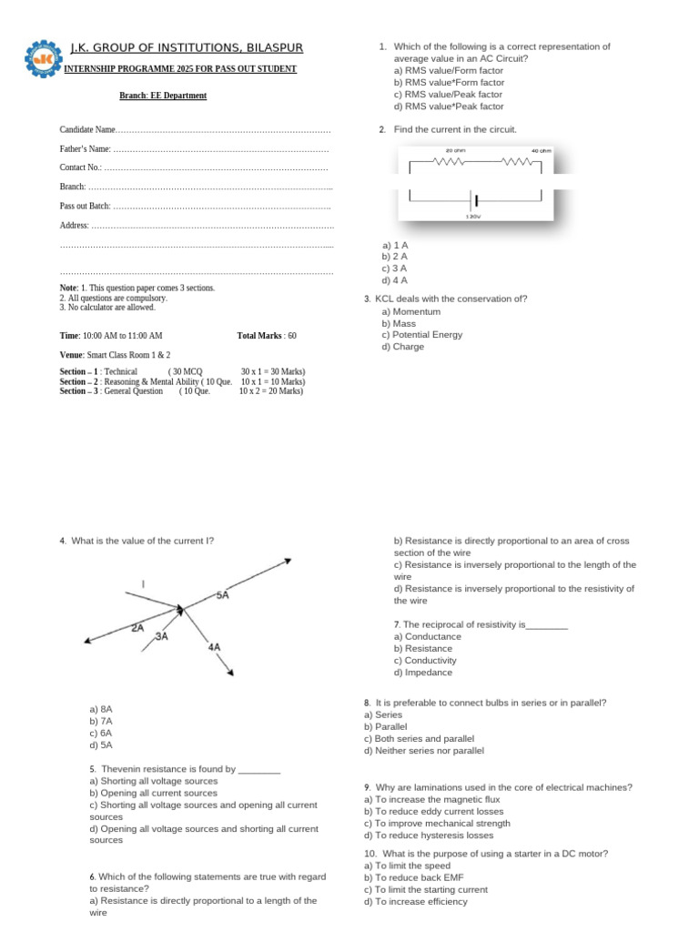 Internship Question Paper | PDF | Transformer | Electric Power Transmission