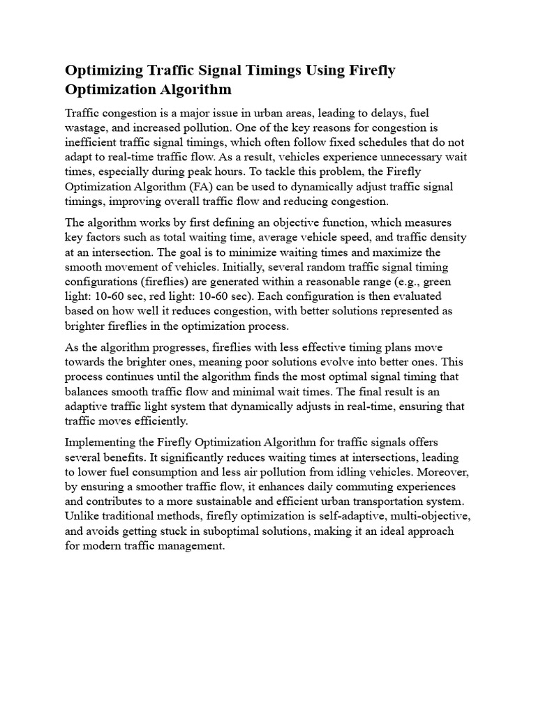 Optimizing Traffic Signal Timings Using Firefly Optimization Algorithm | PDF