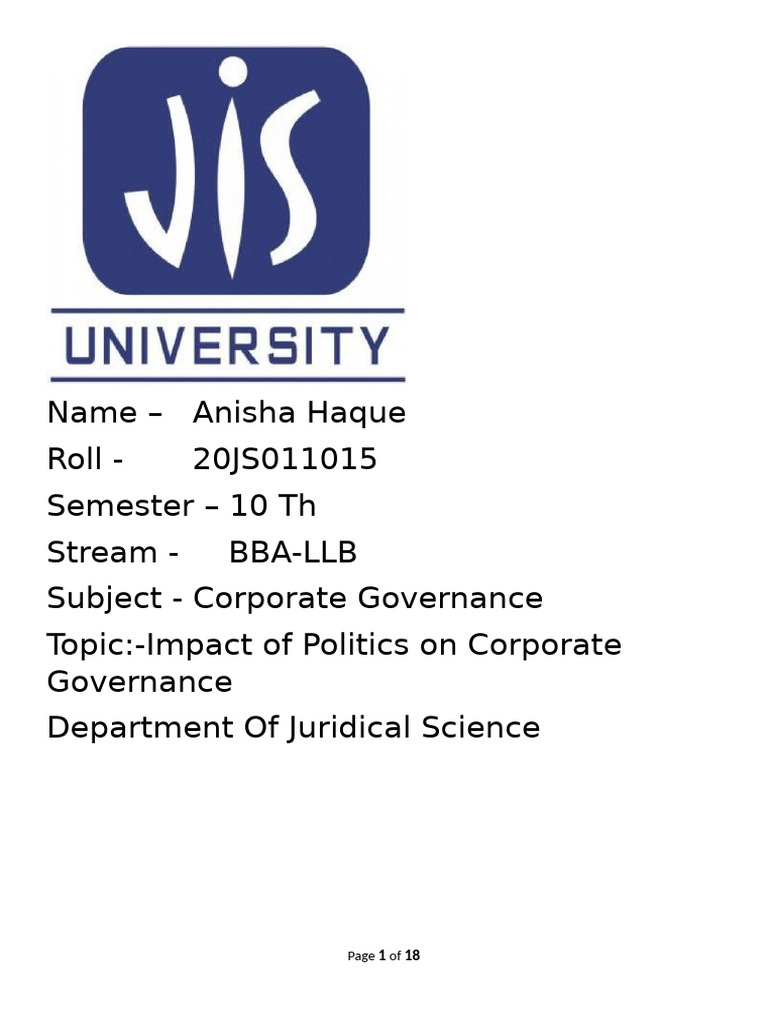 Anishsa Haque (20JS011015 BBA LLB 10 TH) Corporate Governance 2 | PDF | Corporate Governance ...