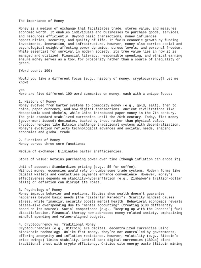 Key Points on Money's Importance | PDF