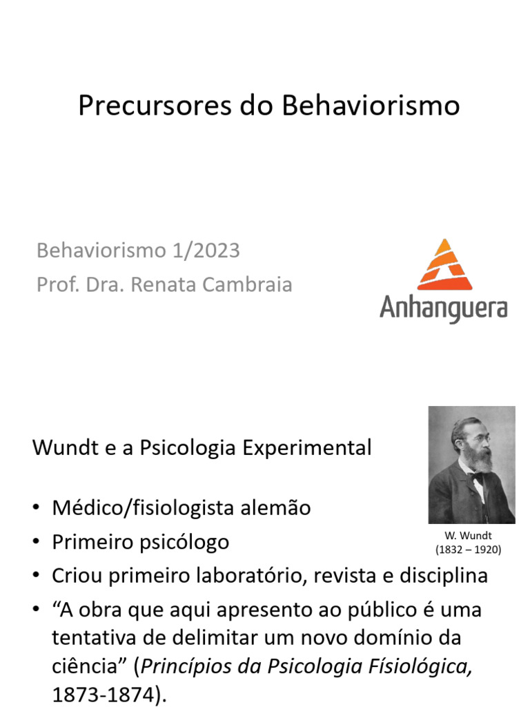 Aula 1 - Precursores Do Behaviorismo | PDF | Behaviorismo | Condicionamento clássico