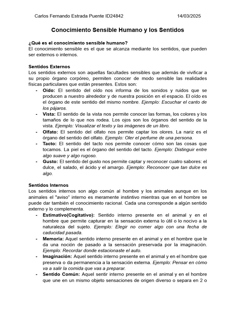 Conocimiento Sensible Humano y los Sentidos - Carlos Fernando Estrada ...