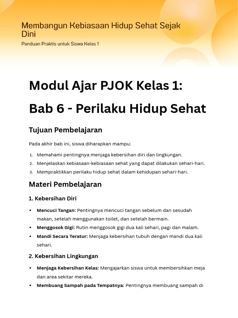 Modul Ajar PJOK Kelas 1 Bab 6 - Perilaku Hidup Sehat - 20250318 - 133118 - 0000 | PDF