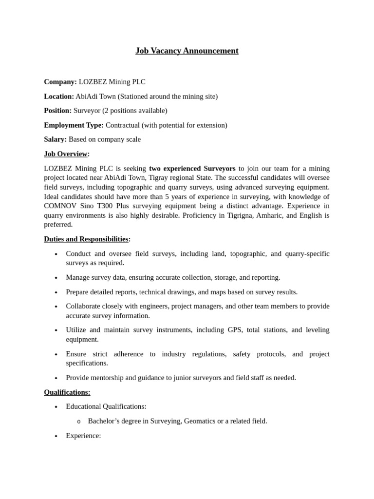 Job Vacancy Announcement For Surveyours | PDF | Surveying