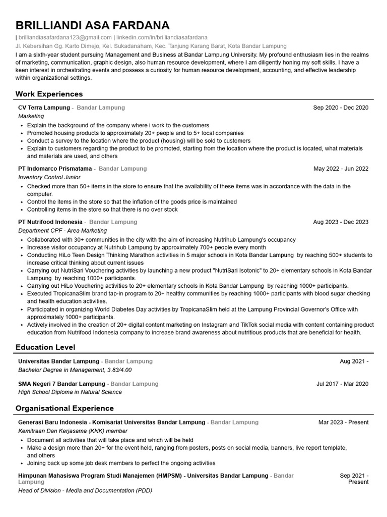 Brilliandi Asa Fardana-CV 2024 | PDF | Business | Business Economics