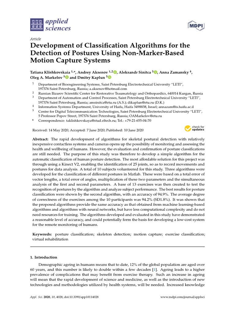 2 - Development of Classification Algorithms for the Detection of Postures Using Non-Marker ...
