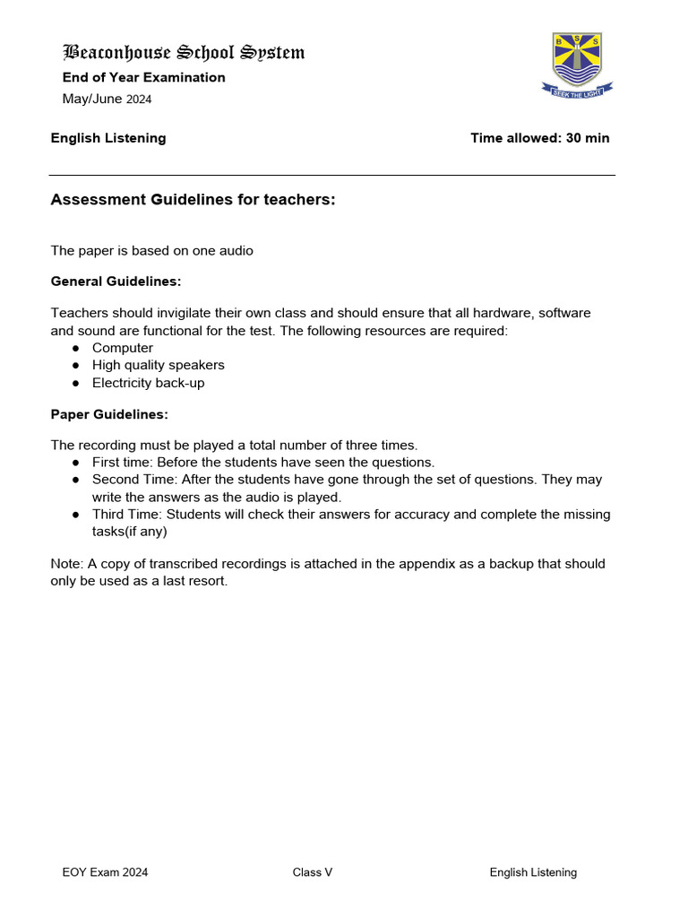 English Class 5 - Listening Paper - Trancript and Marking Key | PDF