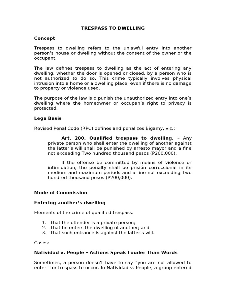 Trespass To Dwelling 2 0 Pdf Trespass Misconduct