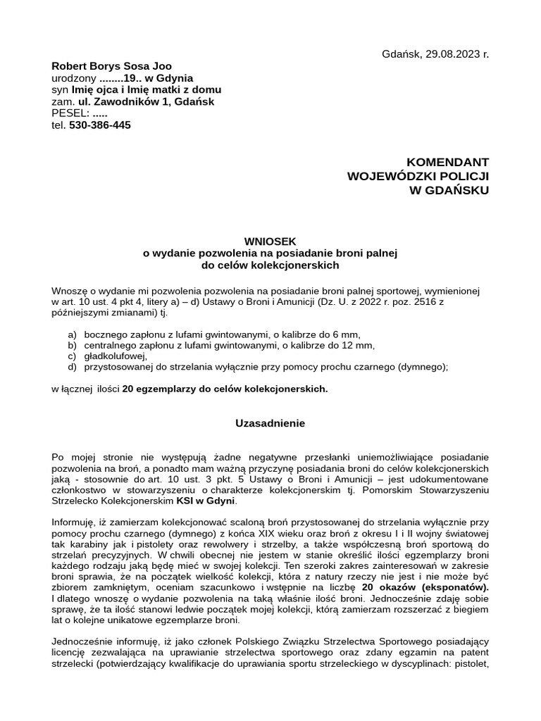 Wniosek o Pozwolenie Na Bron Do Celow Kolekcjonerskich | PDF