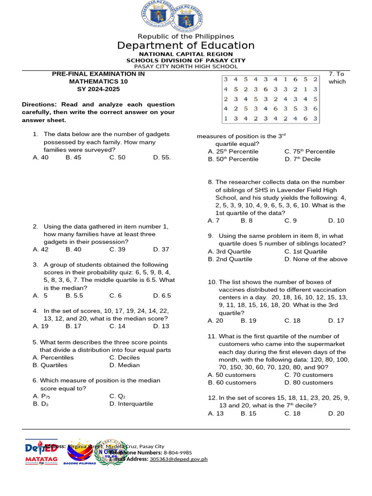 PRE FINAL Grade 10 MAth SY 24-25 | PDF | Quartile | Percentile