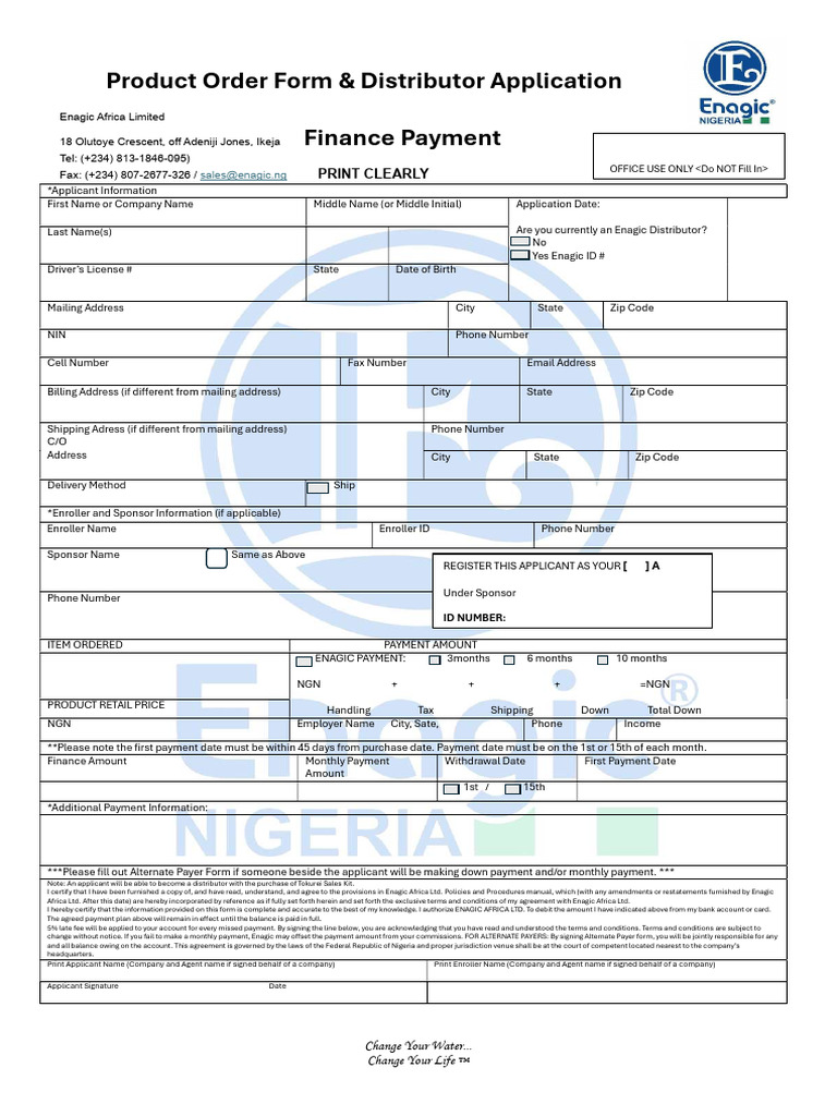 Enagic Distributor Application Form | PDF | Payments