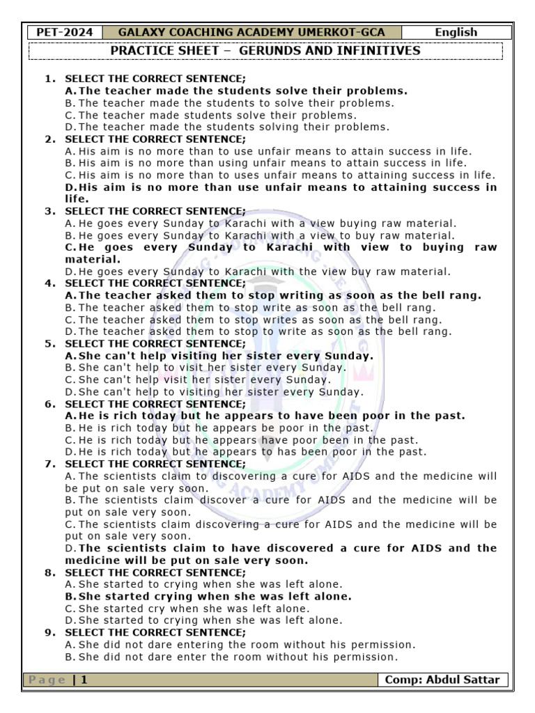 English Practice Sheet - Infinitives Gerunds | PDF
