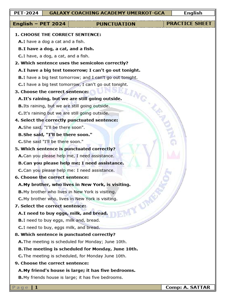English Punctuation Practice Sheet. With Answer Key | PDF | Graphemes ...