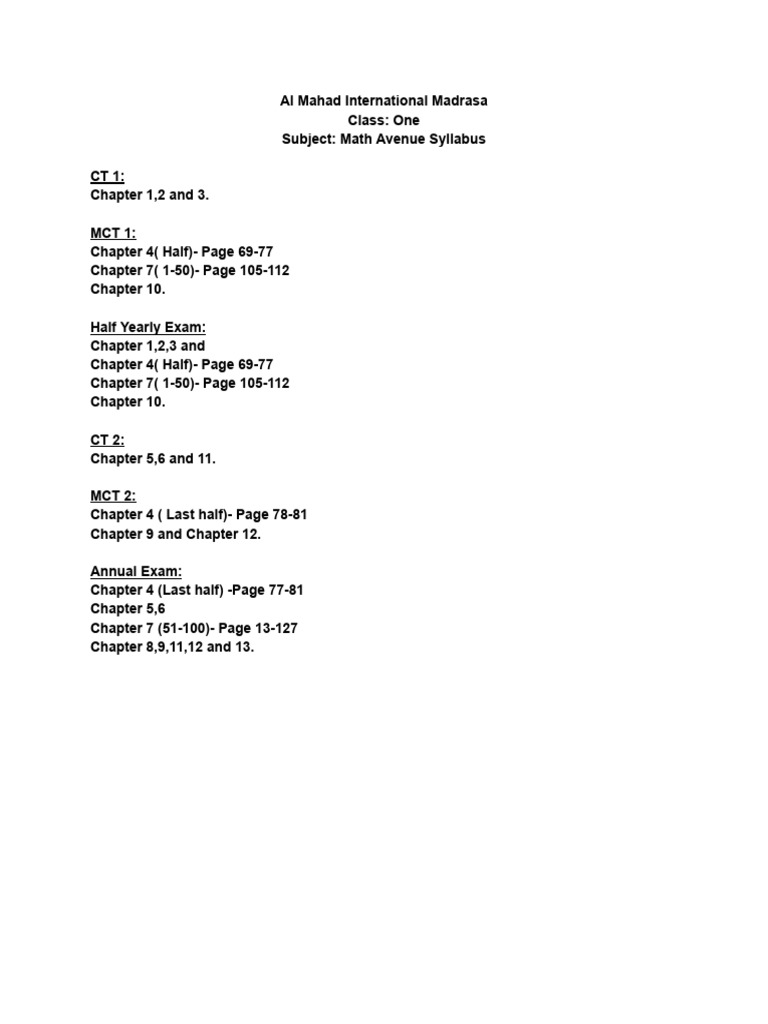 Math Avenue Syllabus for Class One | PDF