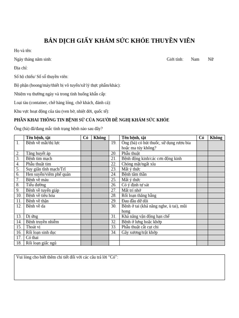 BẢN DỊCH FORM KHÁM TÀU | PDF