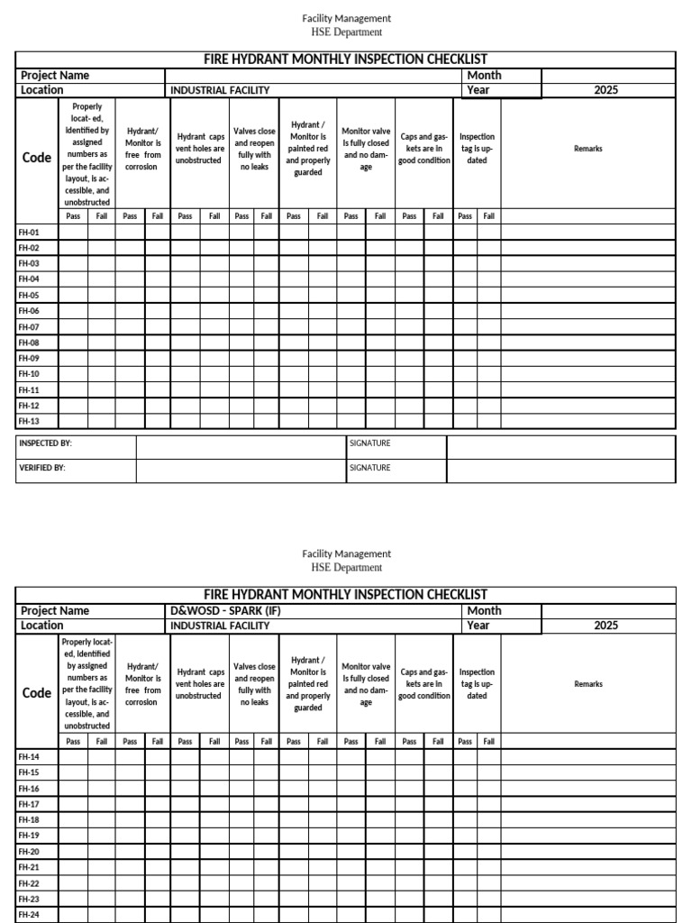 Monthly Fire Hydrant Inspection Checklist | PDF | Hydraulics ...