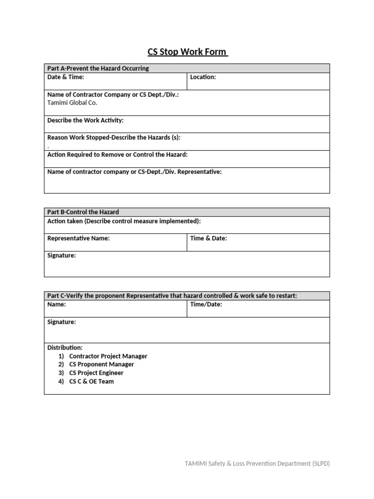 CS Stop Work Hazard Prevention Form | PDF