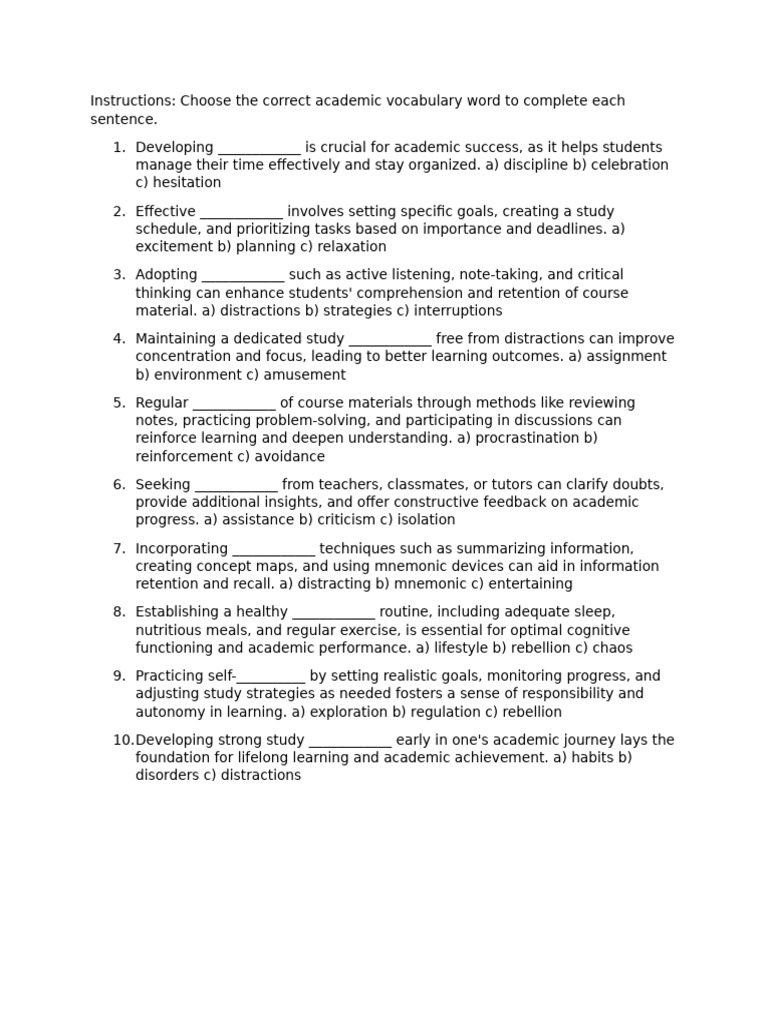 Academic Vocabulary Completion Exercise | PDF