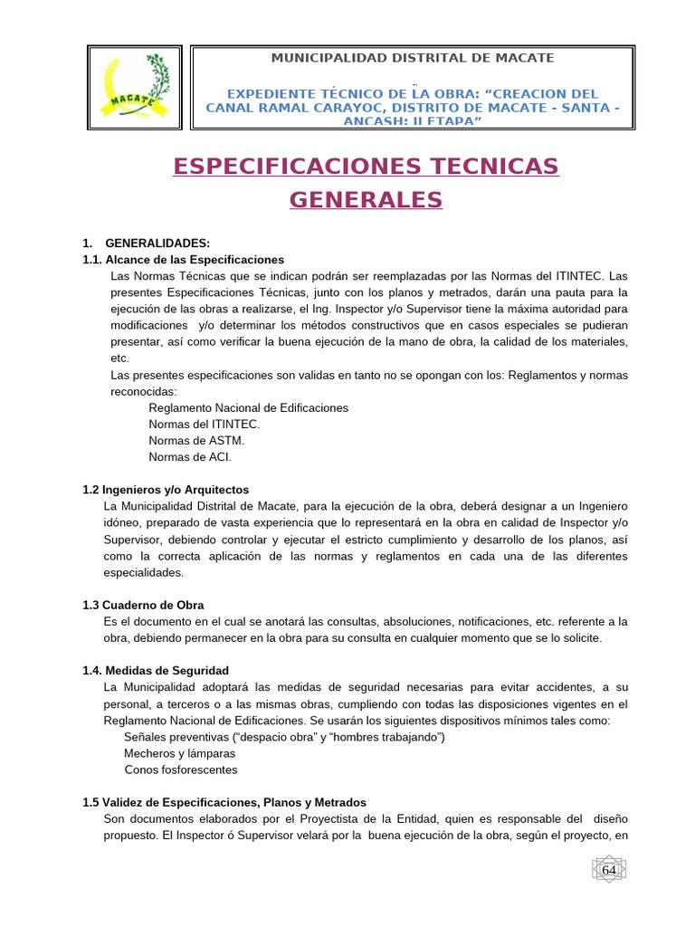 Especificaciones Tecnicas Canal Carayoc | PDF | Hormigón | Fundación (Ingeniería)