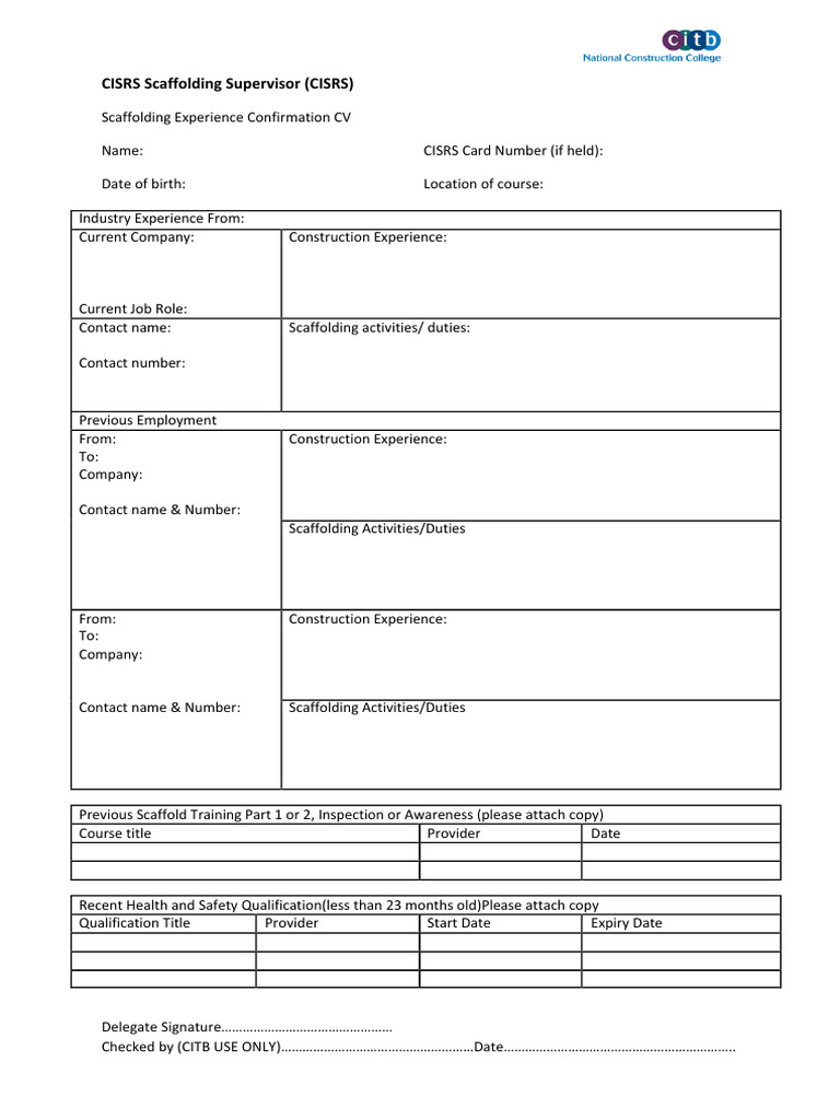 CISRS Scaffolding Supervisor (CISRS) Form To Complete | PDF