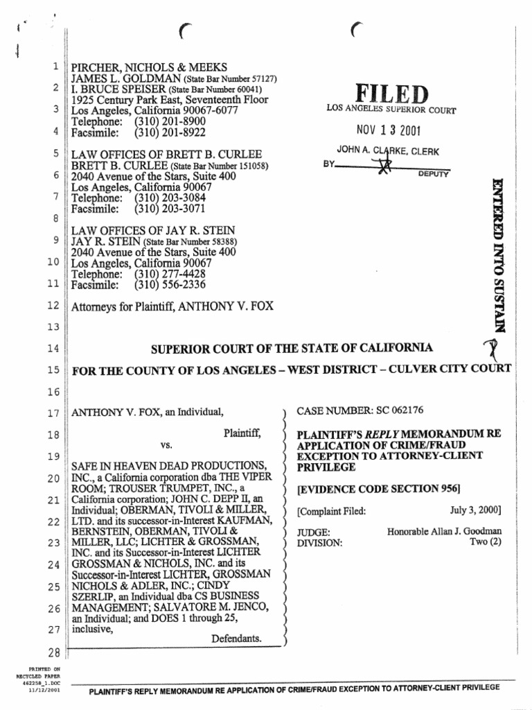 Anthony Fox v Viper Room, Trouser, Depp - Plaintiff's Reply Memorandum ...