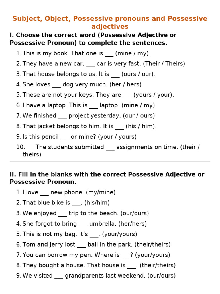 Subject Object Possessive Pronouns and Adjectives Tests - 127504 | PDF ...