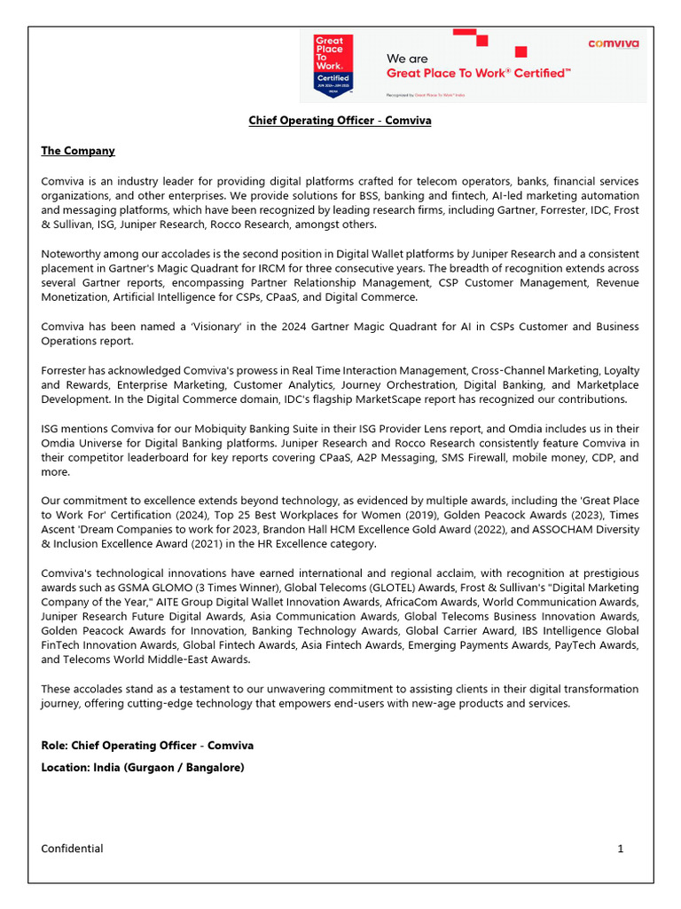 COO Role Overview at Comviva Technologies | PDF