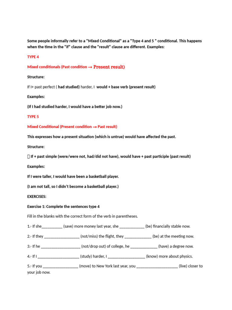 Mixed Conditionals (Type 4 and 5) | PDF