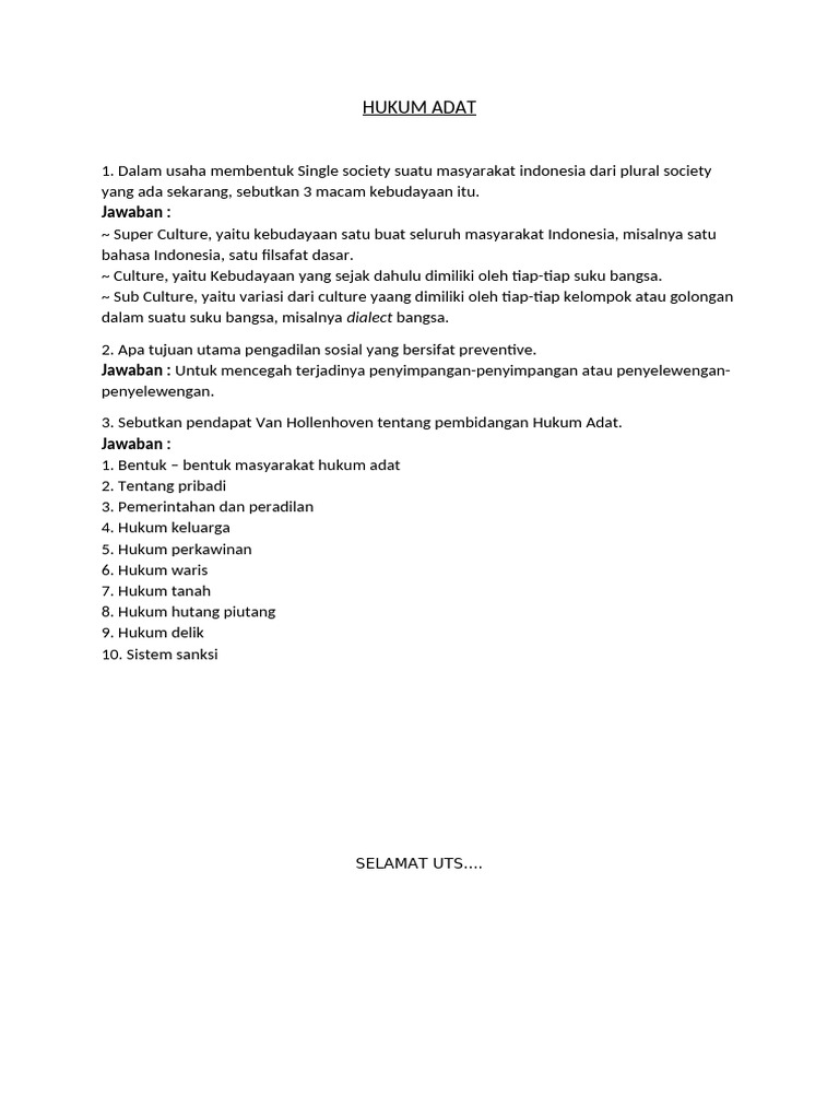 Hukum Adat Uts 2 | PDF