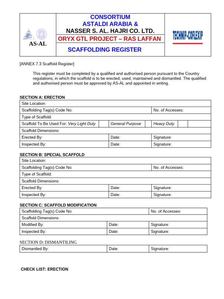 Oryx GTL Project Scaffolding Register | PDF | Scaffolding ...
