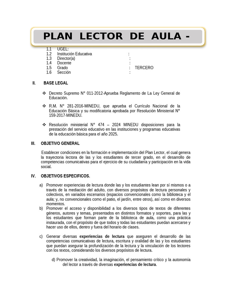 Plan Lector | PDF | Salón de clases | Maestros