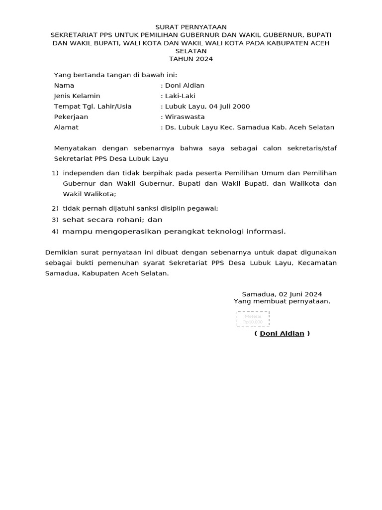 04. Surat Pernyataan Sekretariat PPS Pilkada Tahun 2024 Doni | PDF