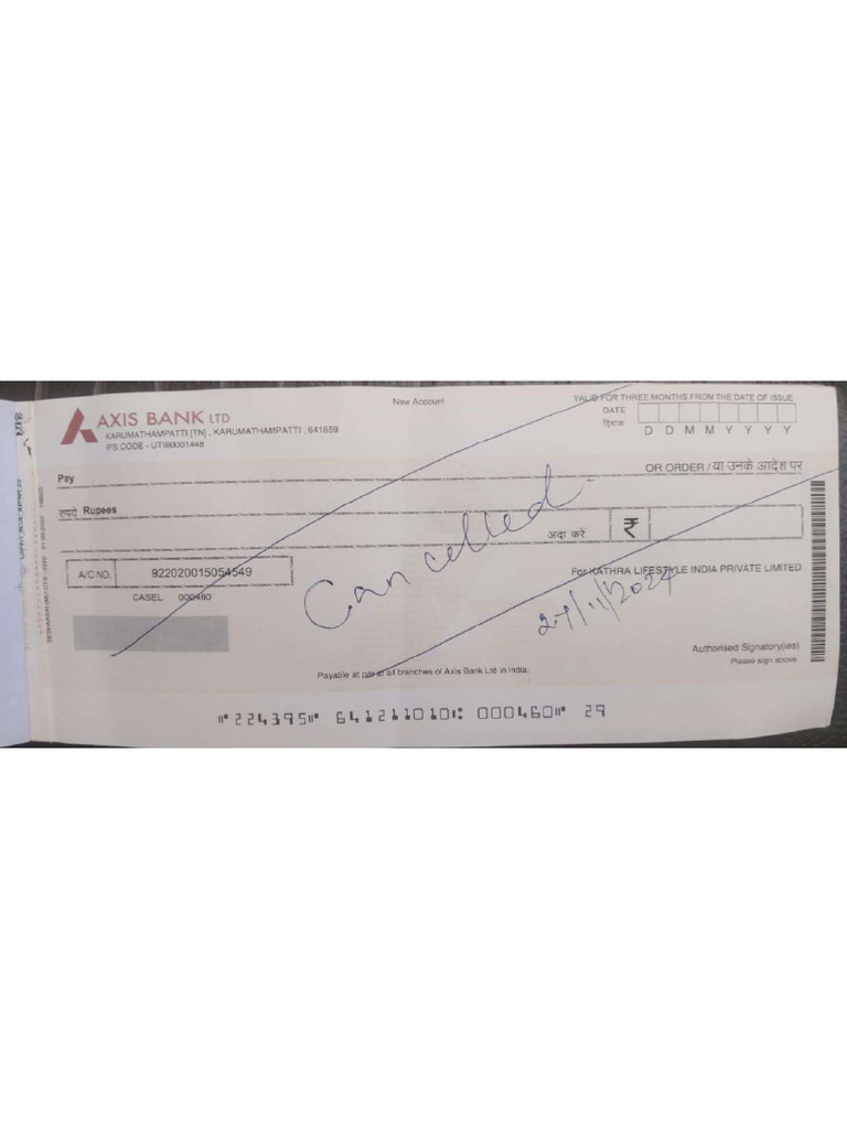 Bank Cancelled Cheque - Kathra Lifestyle | PDF