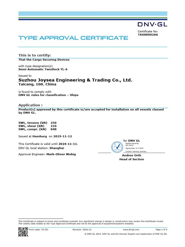 Type Approval Certificate for TL-6 Twistlock | PDF