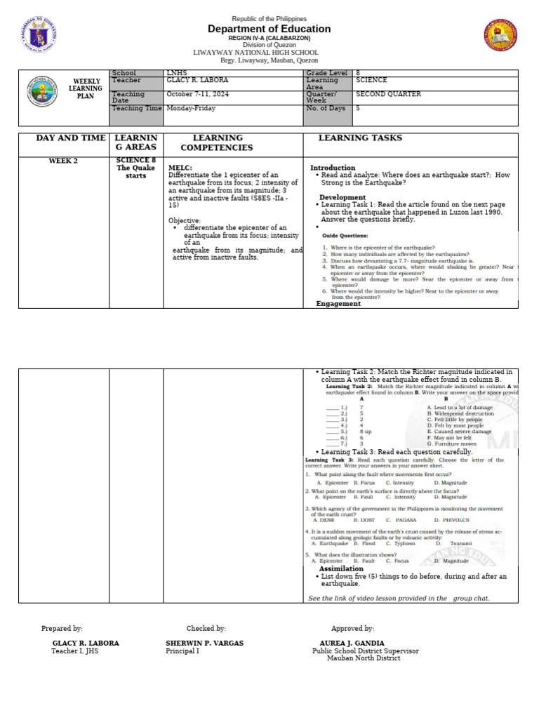Grade 8 Science Weekly Learning Plan | PDF | Earthquakes | Natural Events
