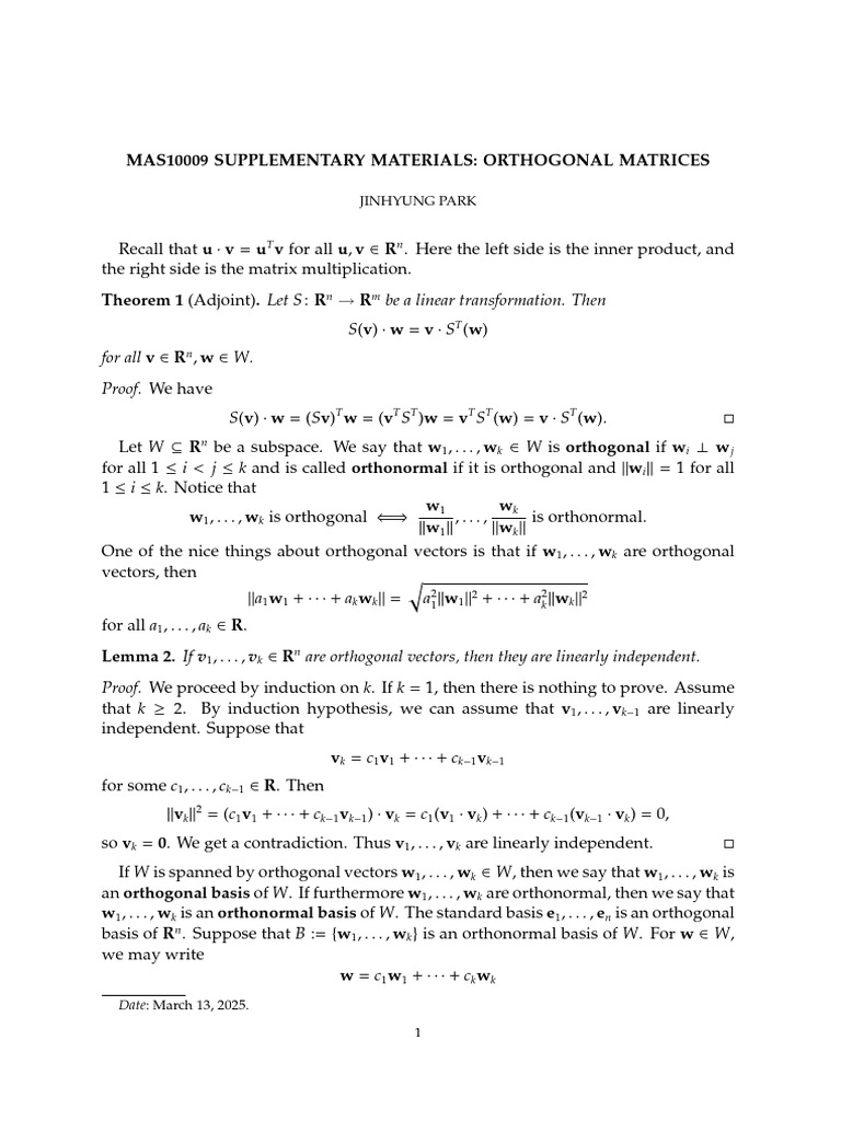 MAS10009 Supplementary Materials Orthogonal Matrices | PDF | Matrix ...