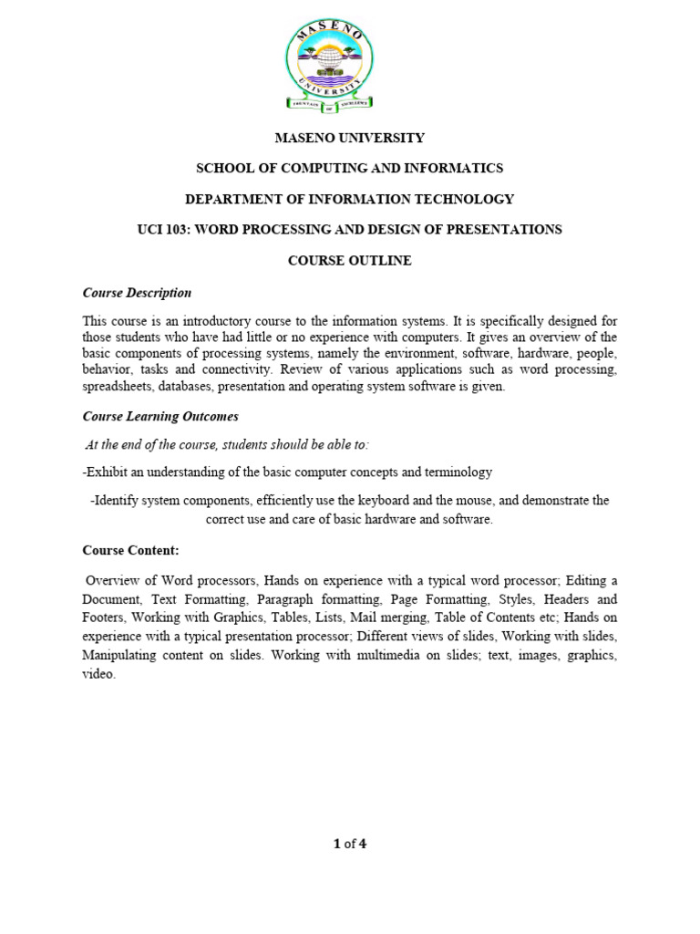 Uci 103 Word Course Outline | PDF | Microsoft Word | Graphics