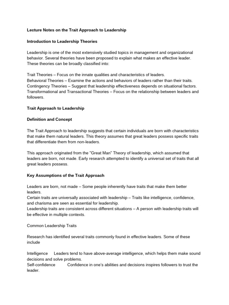Trait Approach To Leadership | PDF | Leadership | Extraversion And ...