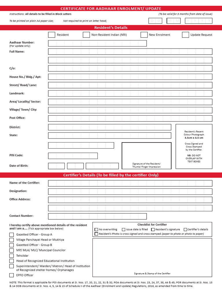 Aadhaar Enrollment Update Certificate Form | PDF