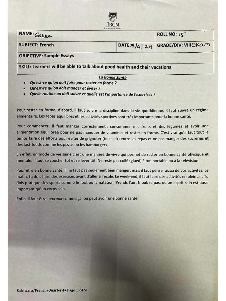 French Sample Essay | PDF