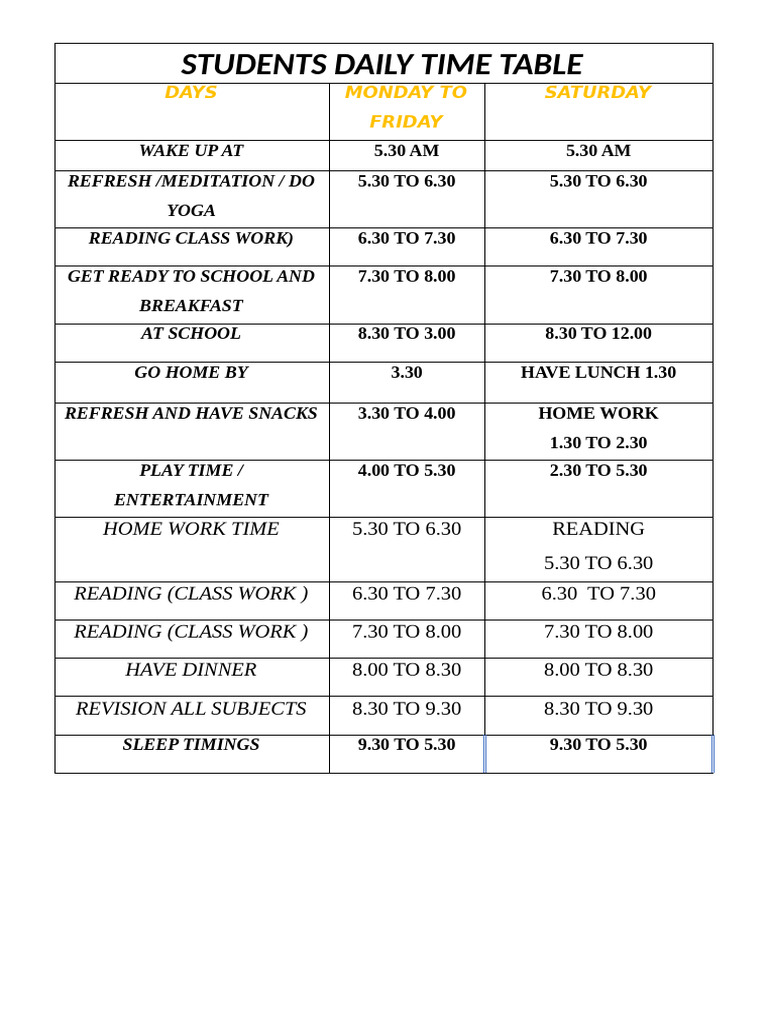 Students Daily Time Table | PDF