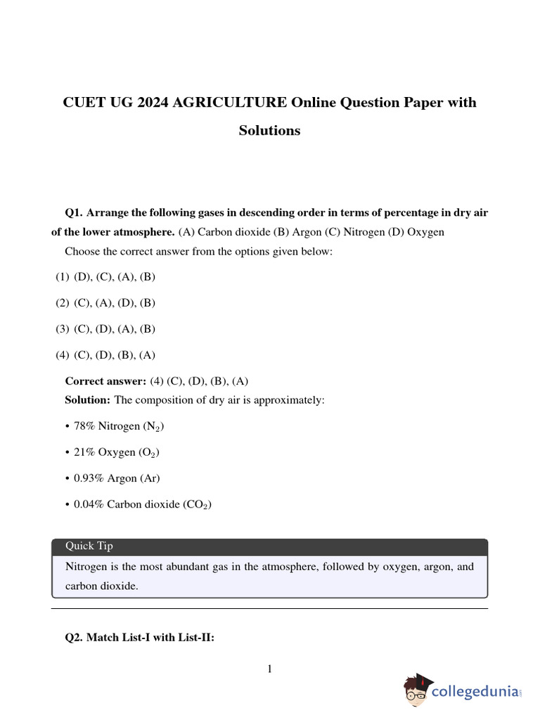 CUET UG 2024 Agriculture Question Paper | PDF | Vegetable Oil | Orange ...