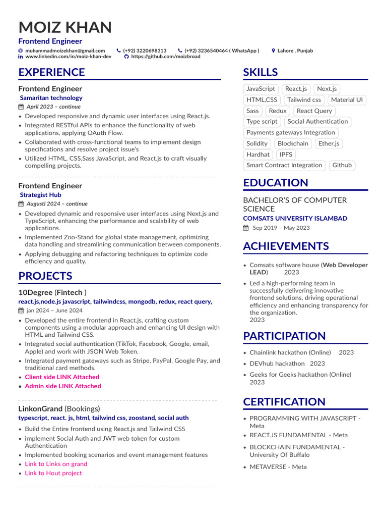 Moiz Khan - Frontend Engineer Portfolio | PDF | Java Script | Computer Programming