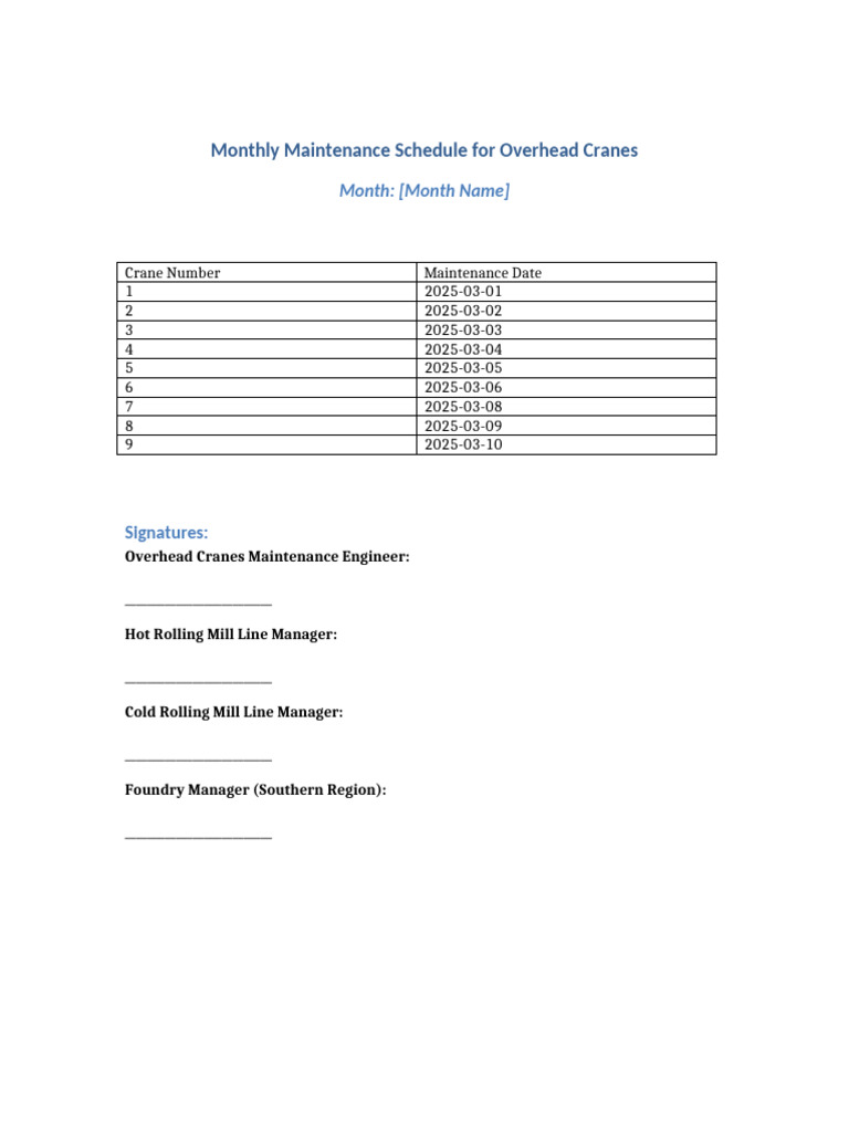 Monthly Maintenance Schedule | PDF