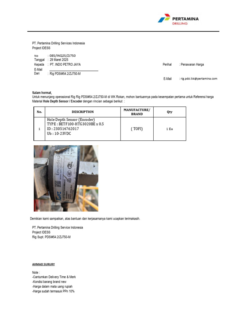 RFQ Hole Depth Sensor (Encoder) | PDF